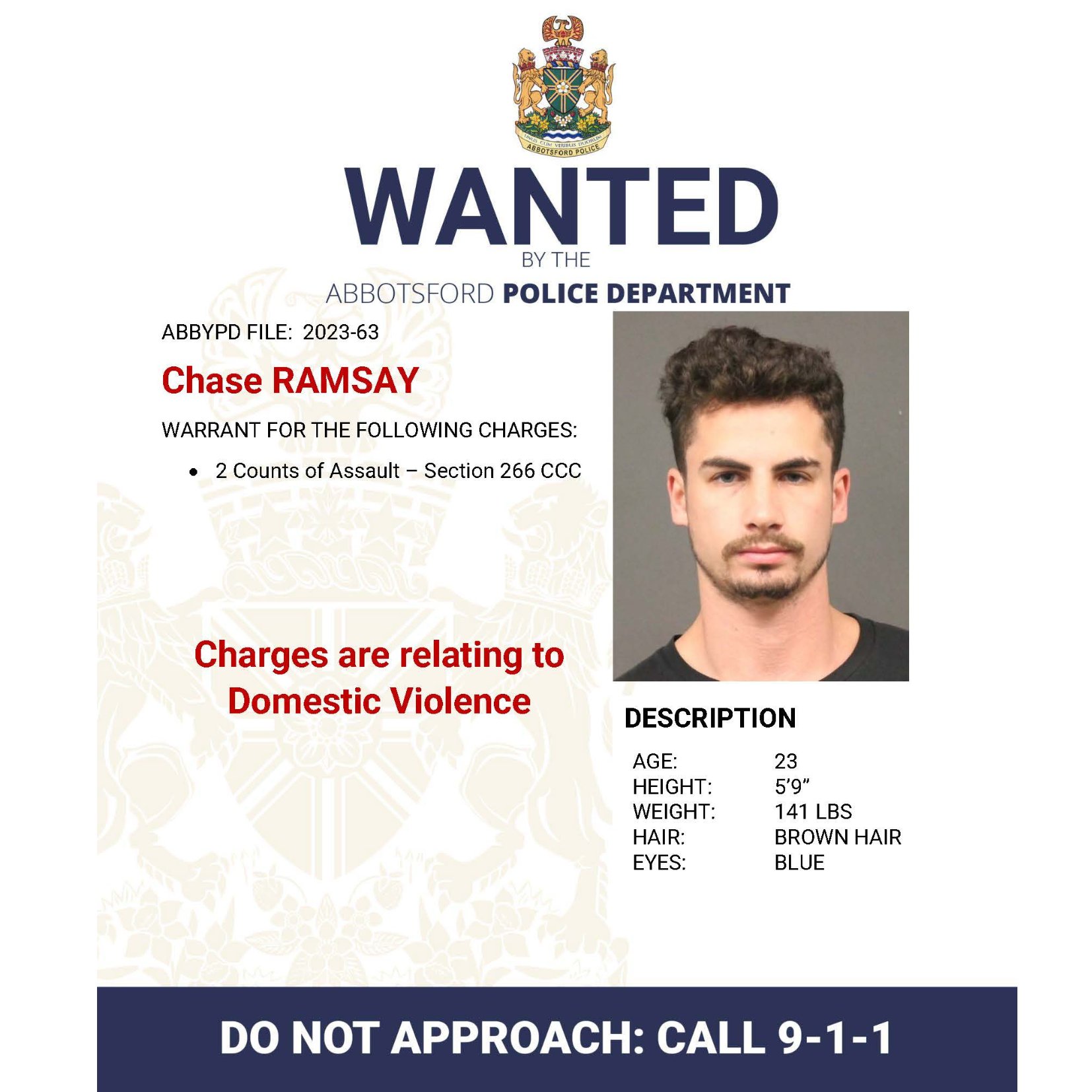 AbbyPD Needs Public Help – Searching for Chase Ramsay – Charges of Domestic Violence – FVN